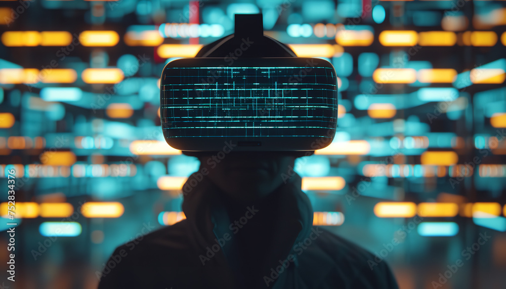 Immersed in a digital realm via a VR headset - a hacker manipulates ...