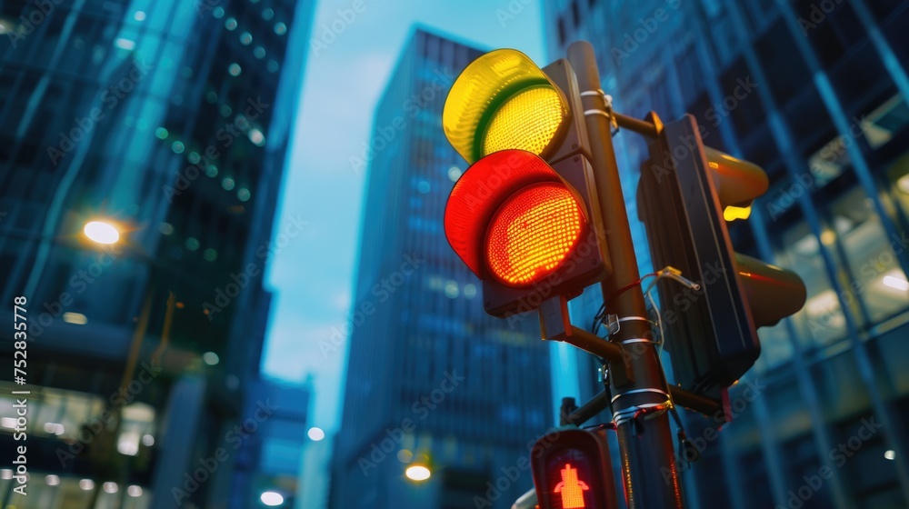 Red traffic light on the street of a modern city at twilight. Stock ...