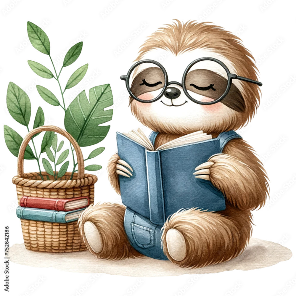cute watercolor animals reading a book, world reading book day, cute ...