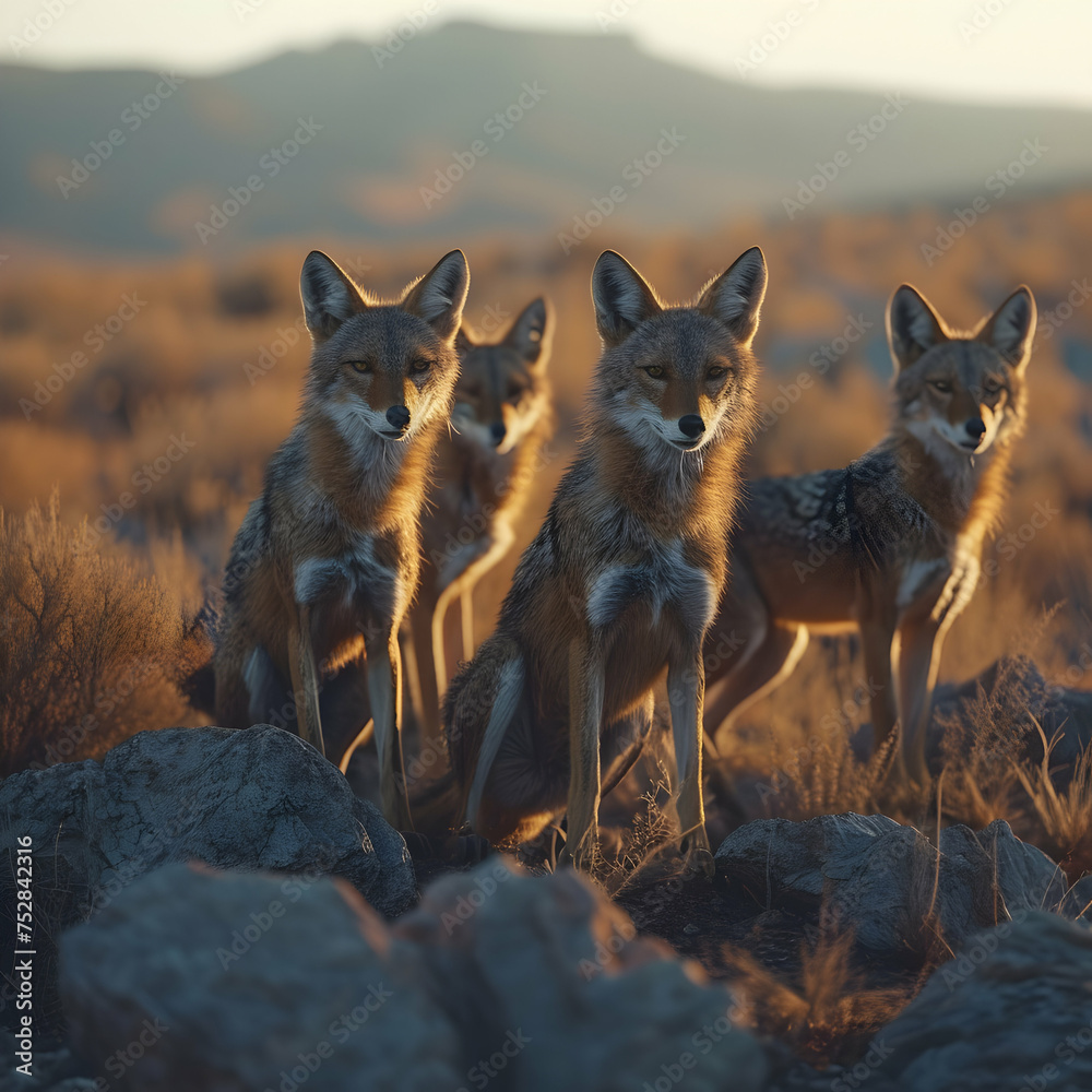 Jackal family standing in front of the camera in the rocky plains with ...