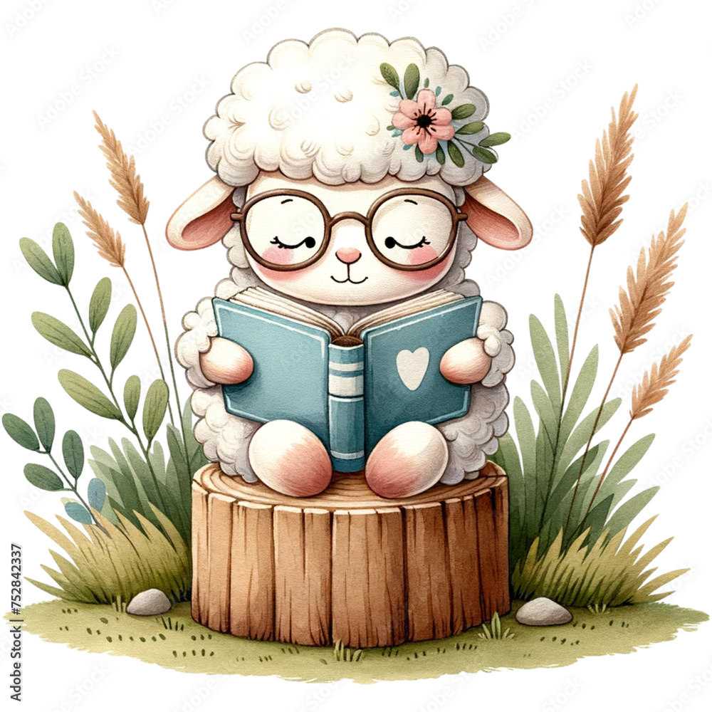 cute watercolor animals reading a book, world reading book day, cute ...
