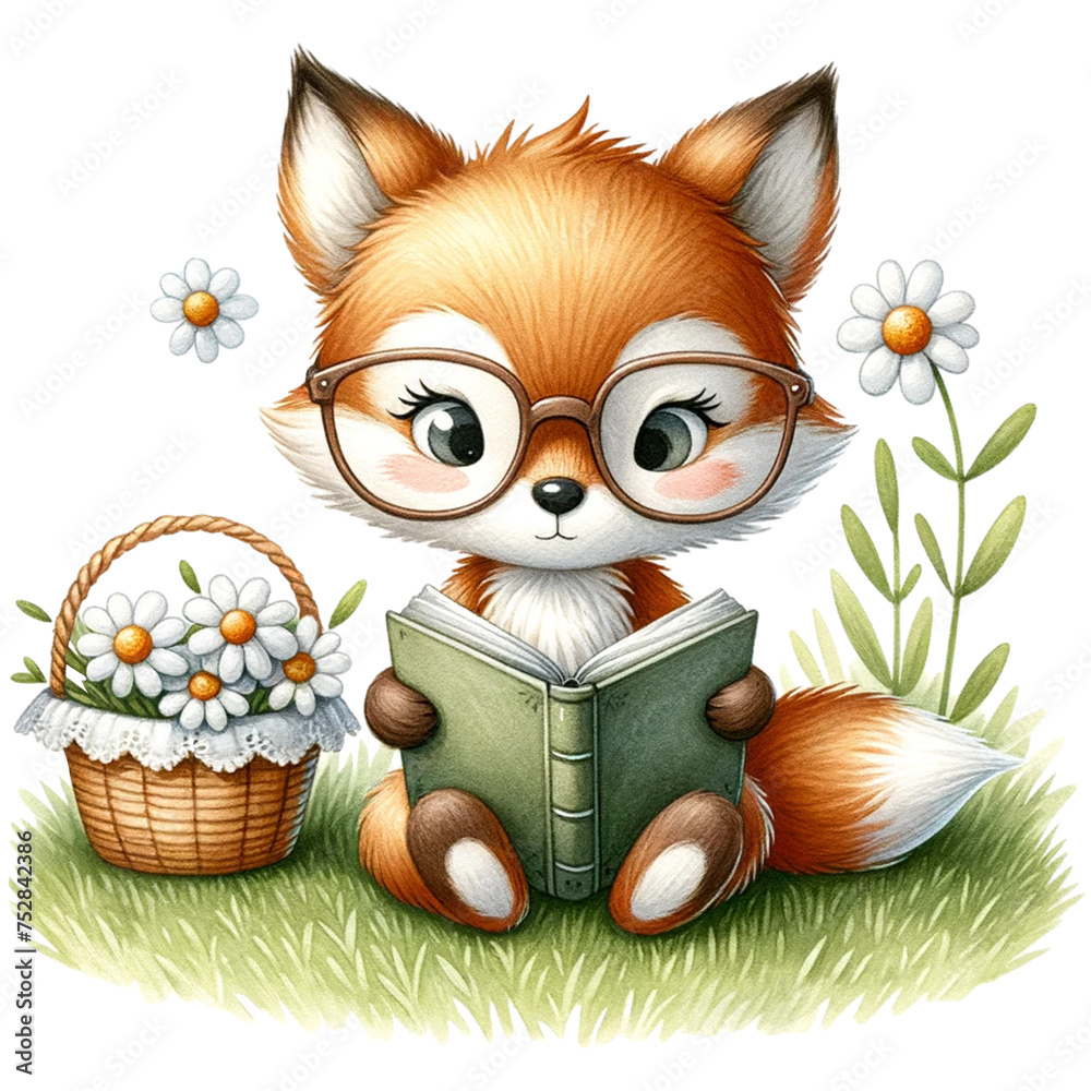 cute watercolor animals reading a book, world reading book day, cute ...