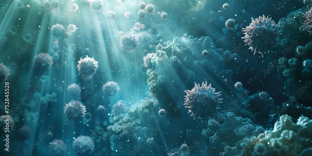 Underwater background with various sea views of cancer molecules cells ...