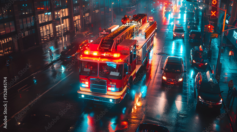 Firetruck speeding through city streets at night. Emergency response ...