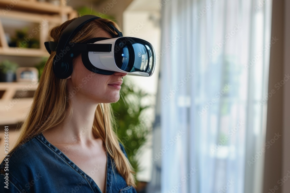 An individual in a serene home environment using VR to escape into a ...