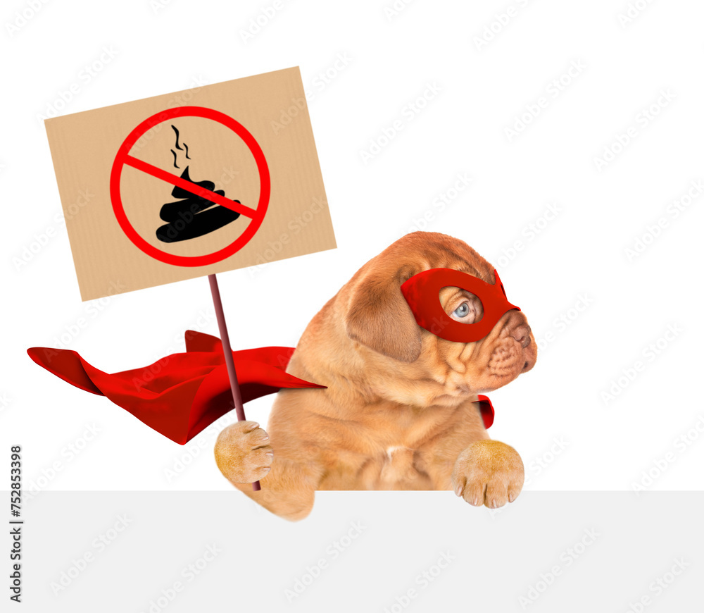 Funny Mastiff puppy wearing superhero costume holds sign "no dog poop ...