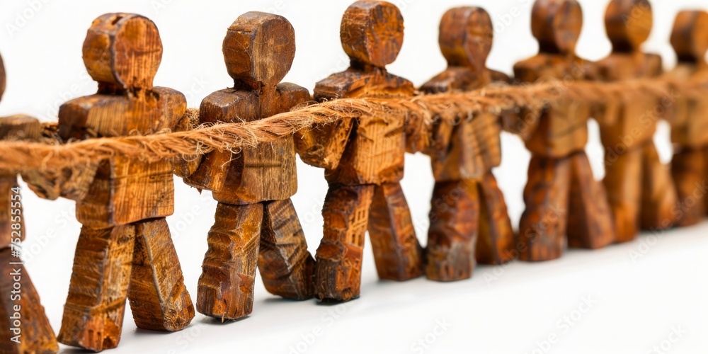 Row of carved wooden figures holding a rope, showing teamwork on a ...