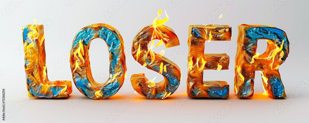Bold text LOSER in fiery 3D letters on a clean white background ...