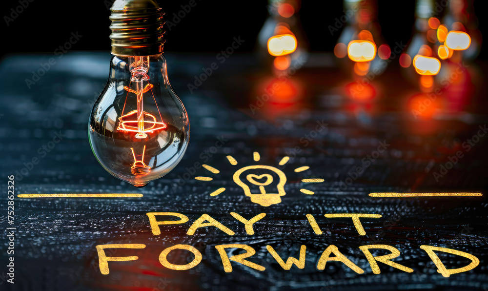 Chalkboard concept with lightbulbs and highlighted PAY IT FORWARD ...