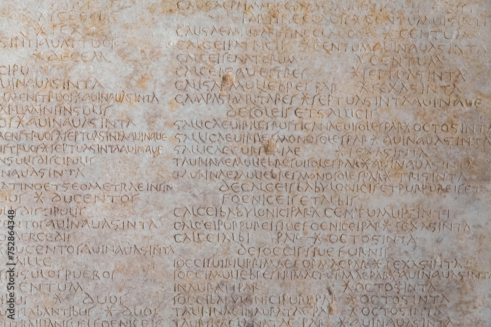 Ancient Roman script on stone, text of Diocletian's edict detailing ...