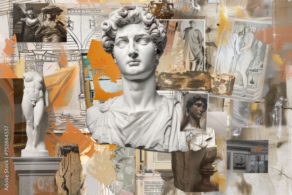 Collage of stoic classical statues with stoicsim and textures. A ...