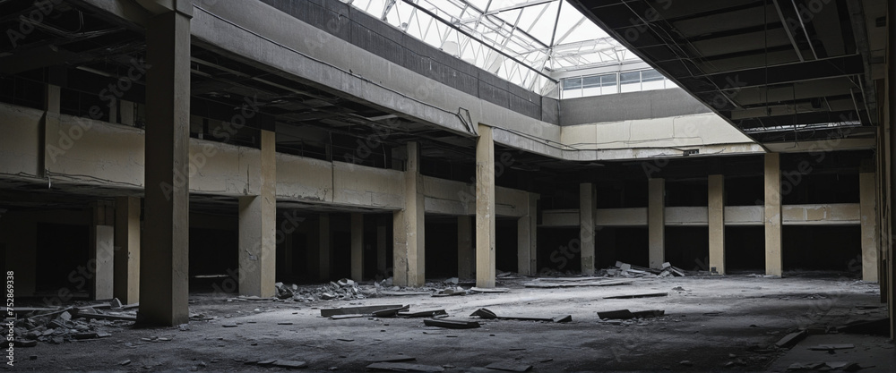 Inside a dark and dim abandond building or shopping mall. Dark and dim ...