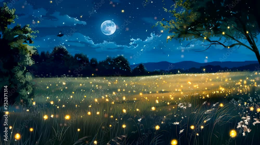 The beauty of a moonlit field with fireflies creating a magical glow ...