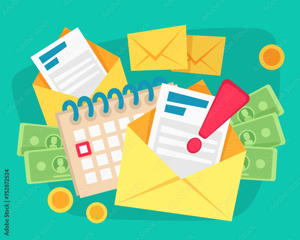 Envelope with payment reminder notice and exclamation mark. Vector ...