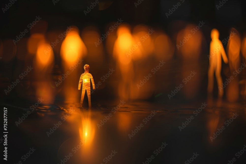 Tiny figurine illuminated amidst reflections, a poignant depiction of ...