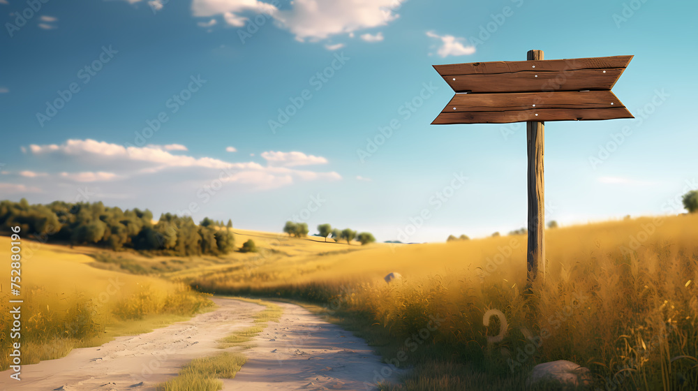 Blank wooden road sign on country road symbolizing custom direction ...