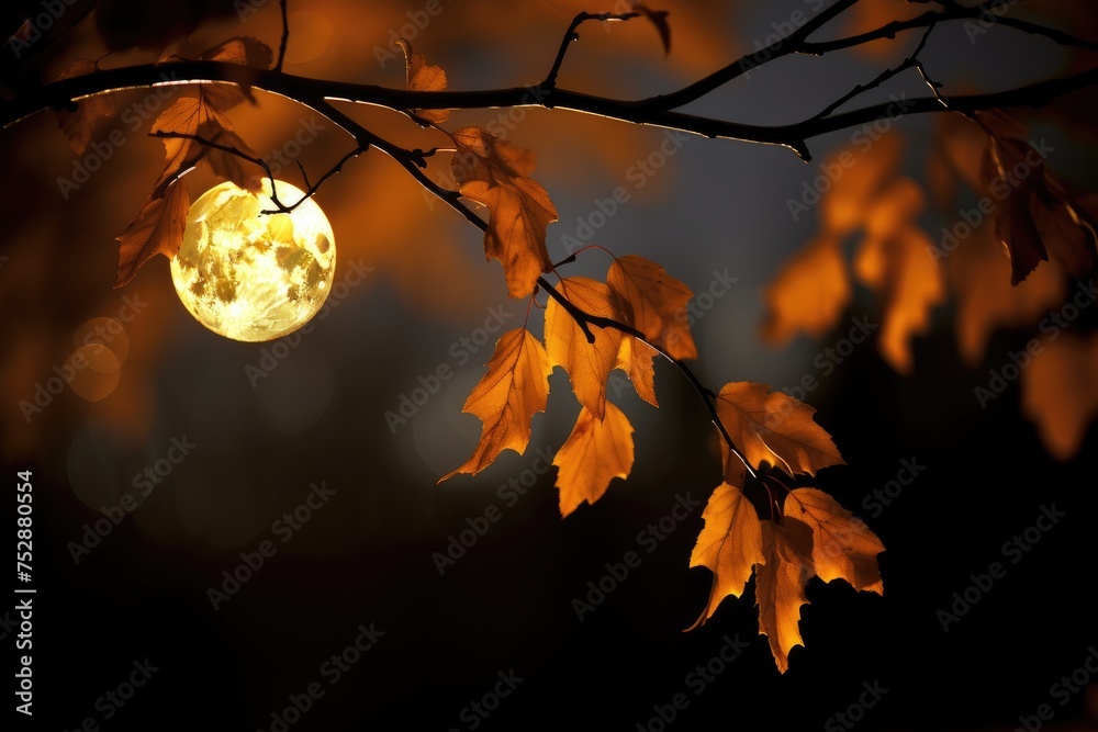 Harvest Moon: Leaf with bokeh lights during a harvest moon night, with ...