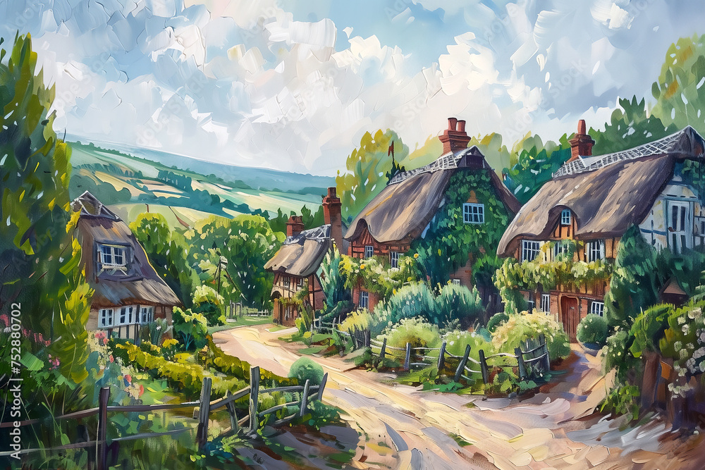 Oil painting of an old fashioned quintessential English country village ...