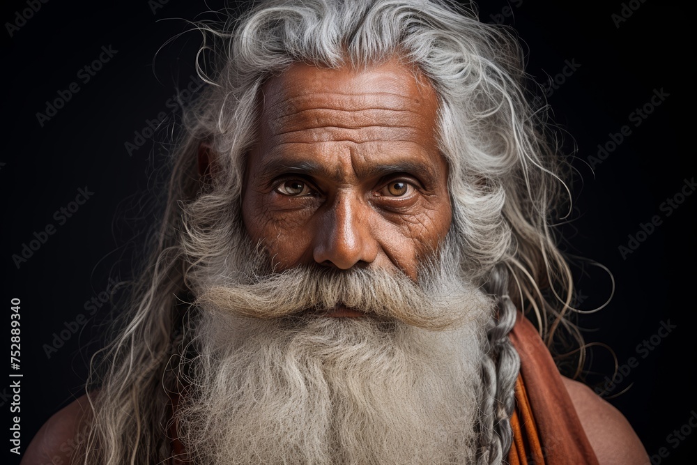 A venerable Brahmin man with a flowing white beard and dressed in ...