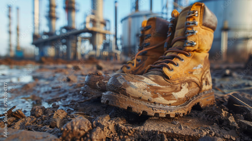 Pair of well-worn, muddy work boots abandoned on a construction site ...