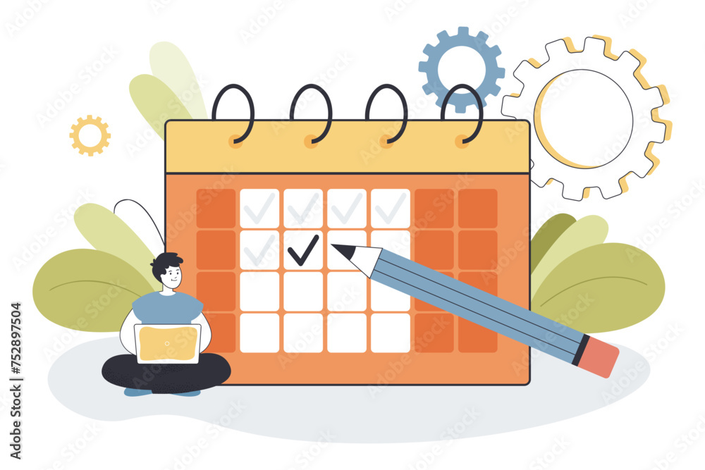 Happy male employee with laptop near huge calendar and pencil marking ...