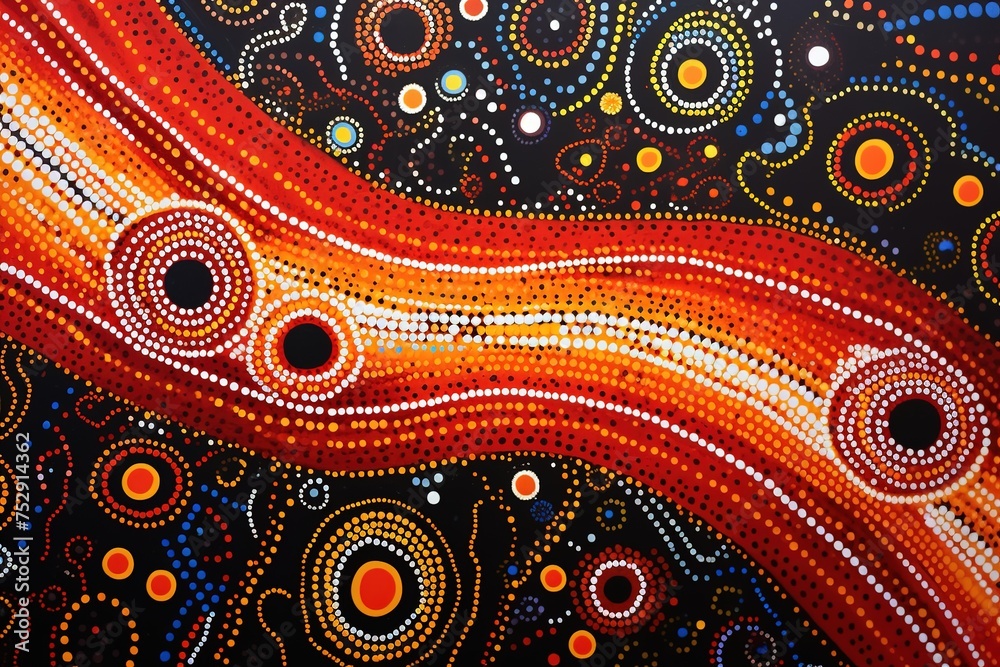 An intricate Aboriginal dot painting depicting Dreamtime stories with ...