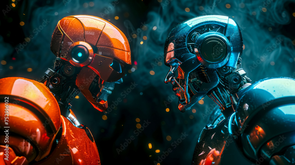 Two highly detailed robots in a standoff amidst glowing particles Stock ...