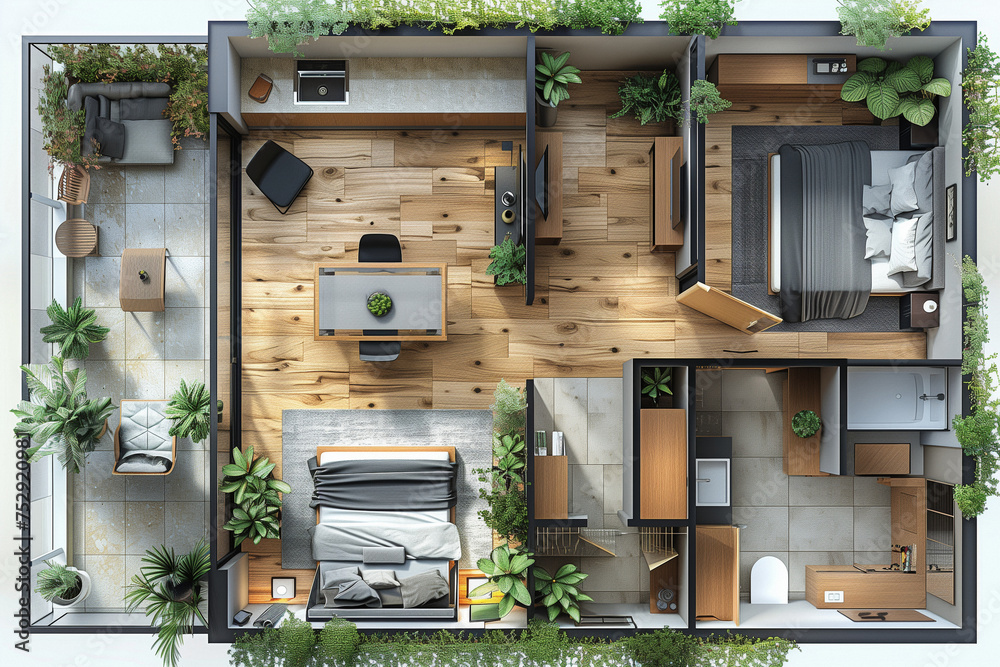 Home flat ground plan design with furniture, top view layout: bedroom ...