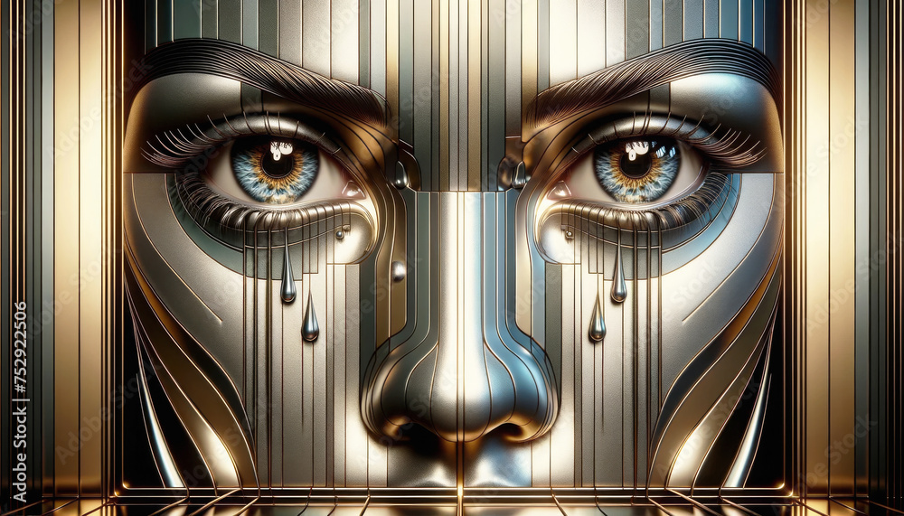 Artistic rendering of eyes with metallic tears on a golden, linear ...