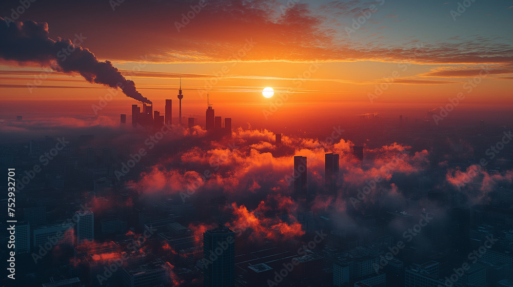 Industrial pollution scene with smoke billowing from chimneys at a ...