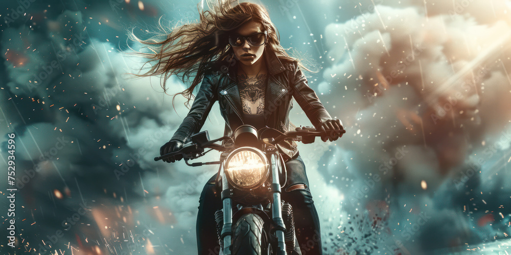 A Beautiful woman biker wearing glass with tattoos muscled arms and ...