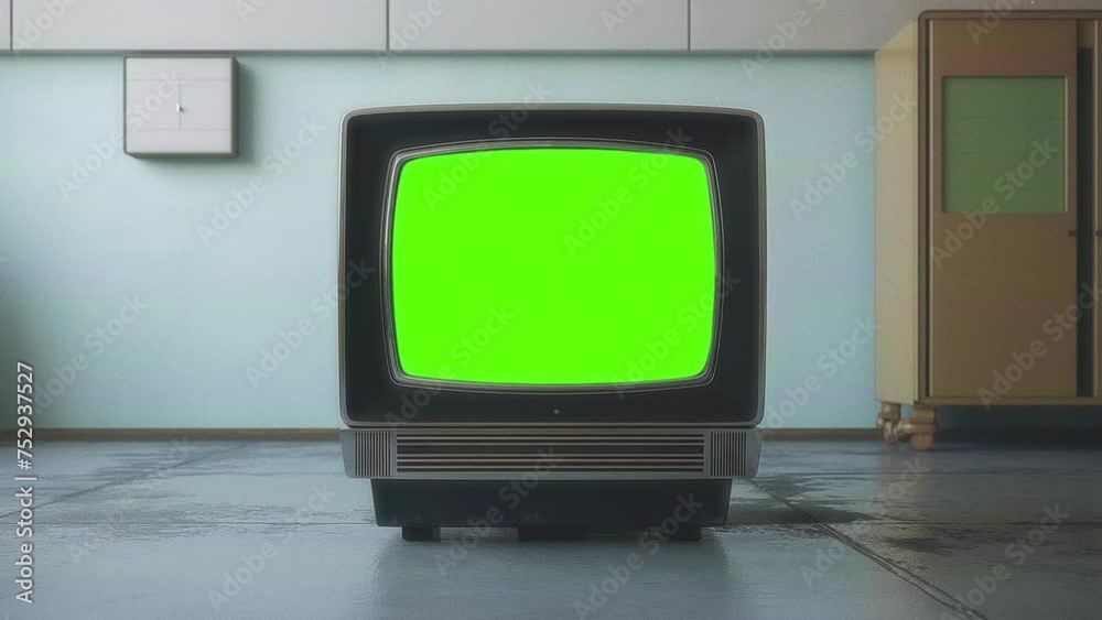 Classic old TV with bright green screen in a retro kitchen setting ...