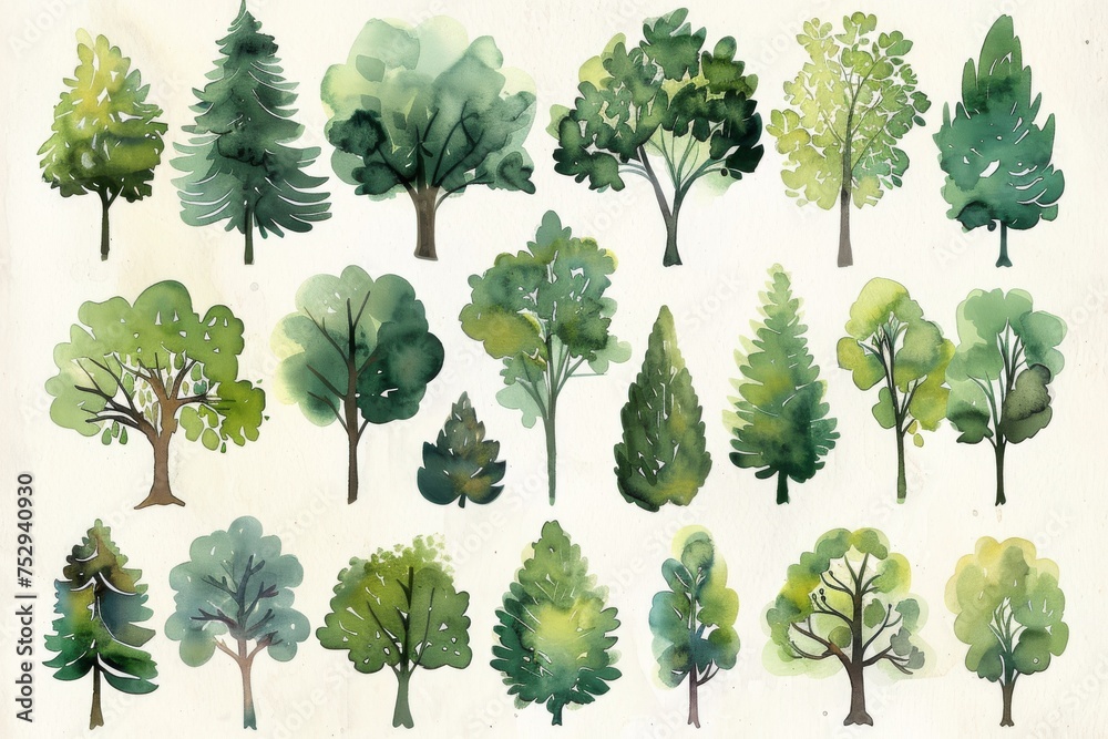 Watercolor painted various tree collection. An array of watercolor ...