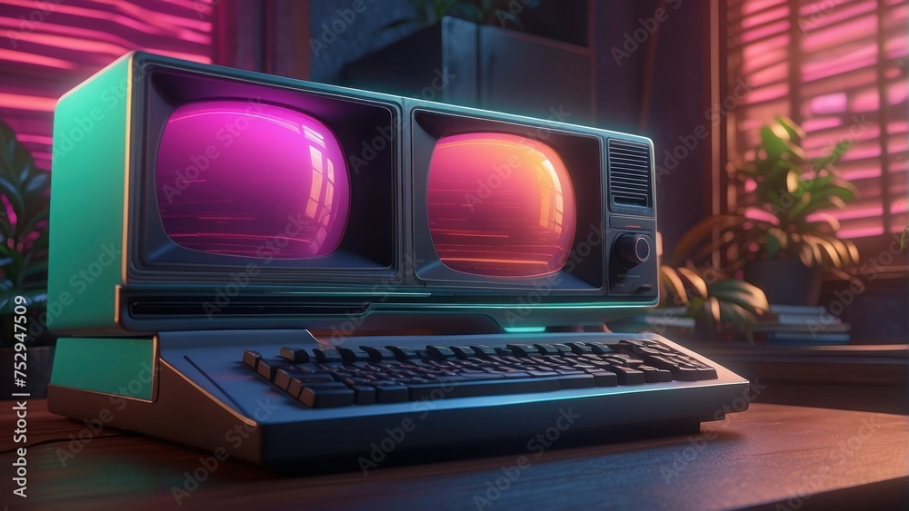 Vintage computer screen displaying 80s retro wave style background ...