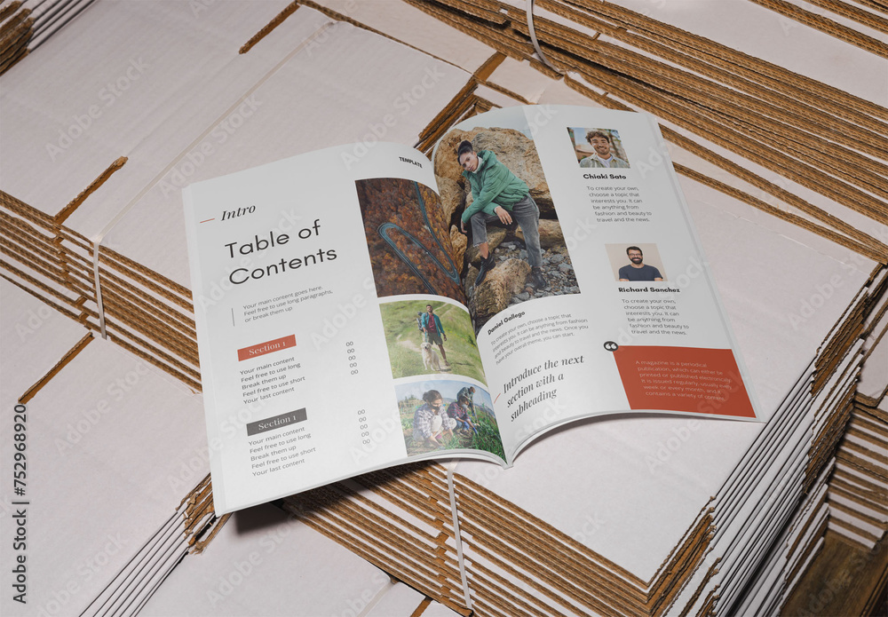 Mockup of open customizable A4 magazine, flash Stock Template | Adobe Stock