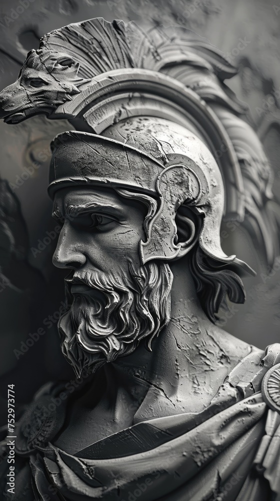 Sculpture of ancient warrior with creatures. Intricate sculpture ...
