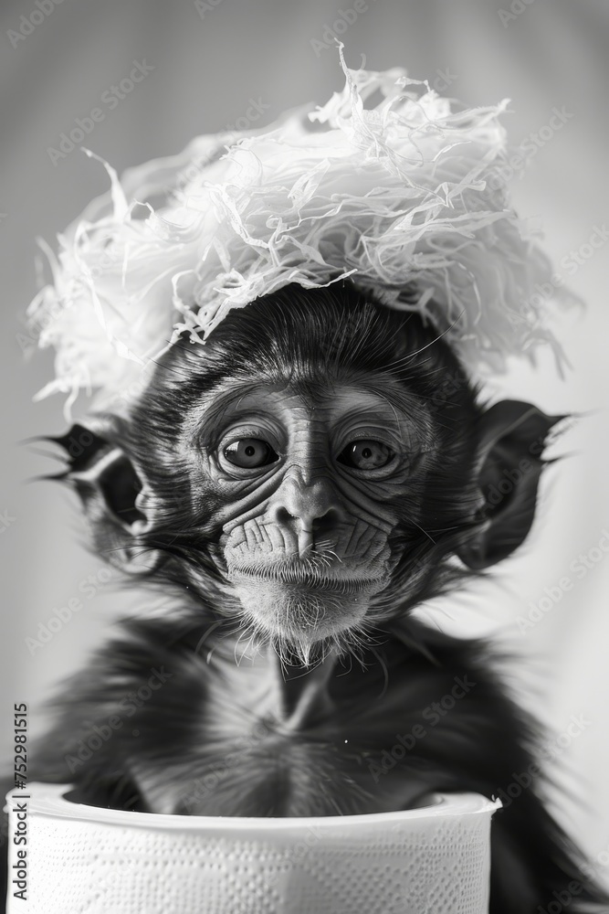 Toilet paper roll balancing on monkey head. An ironic and humorous ...