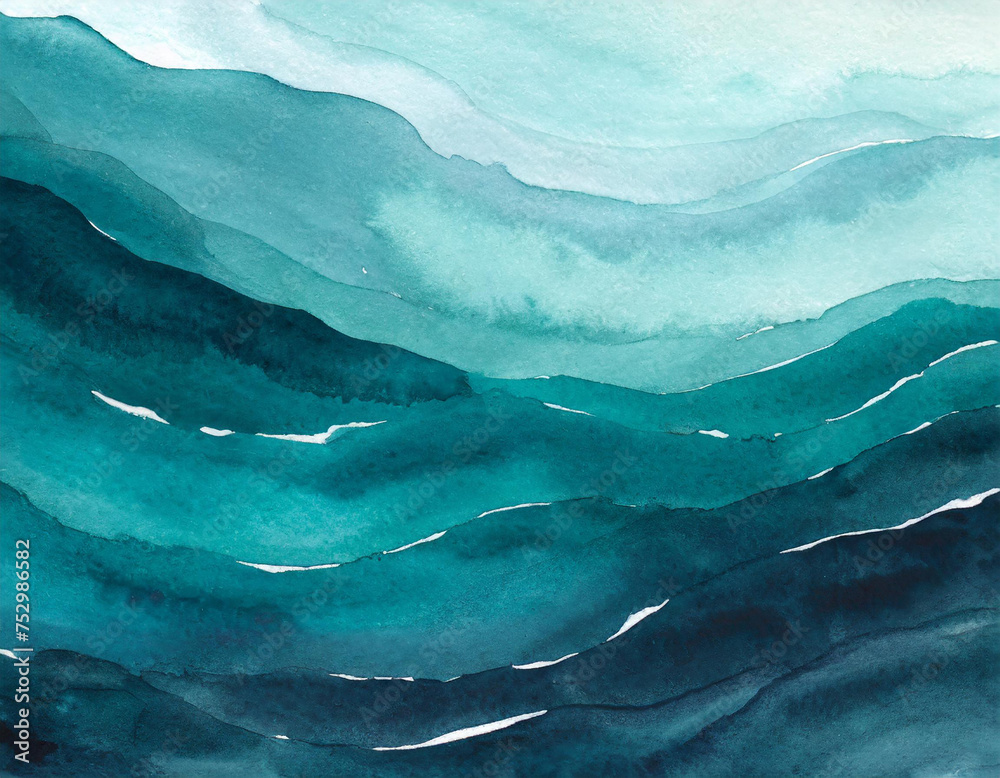 dark blue teal water watercolor background, blue wave sea underwater ...
