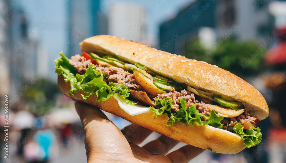 Street food in Hanoi. Hand holding Banh Mi sandwich. Close-up of ...