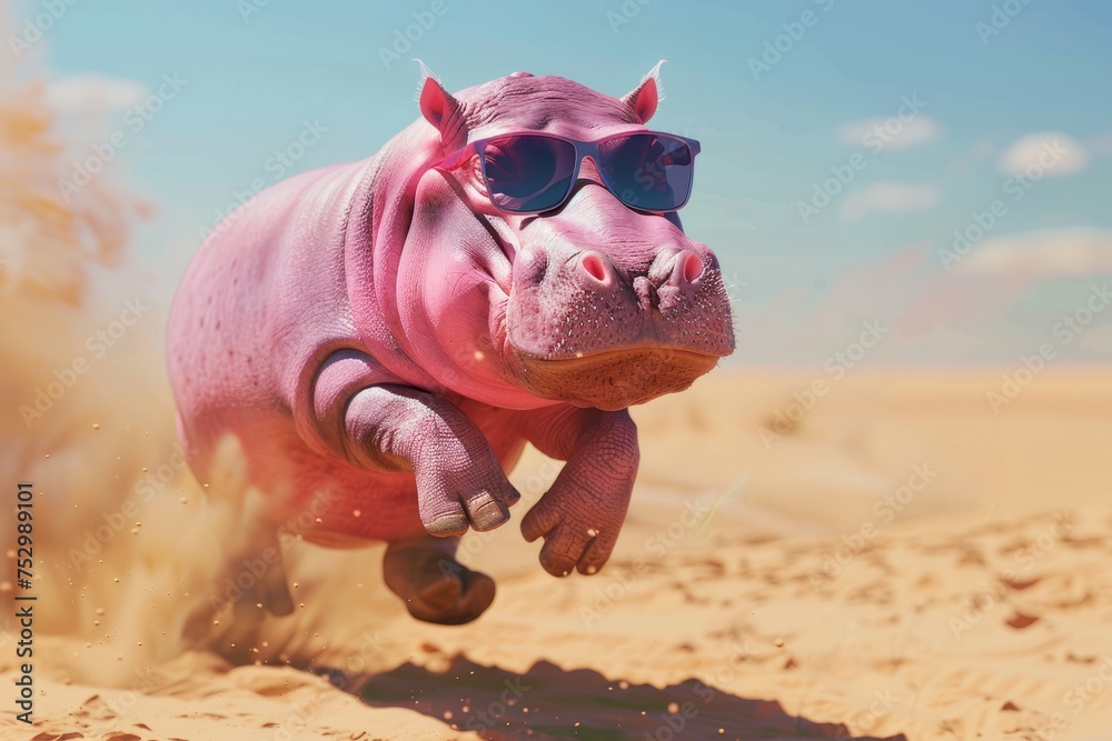 An exaggerated pink creature, a hippo with humanoid features, runs in a ...