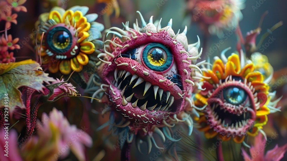 Scary smiling laughing flowers with sharp teeth and eyes. Carnivorous ...