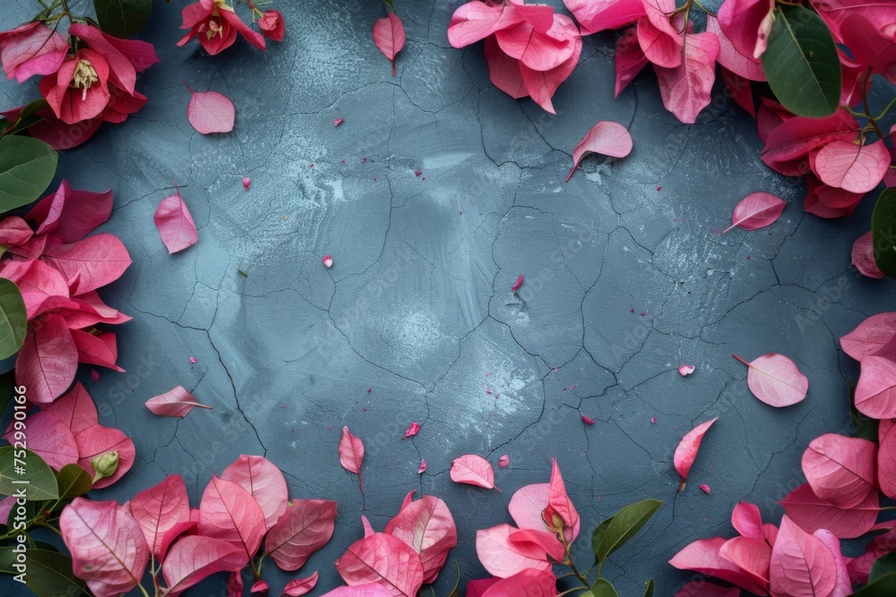 spring theme background, pink bougainvillea over grey with middle copy ...