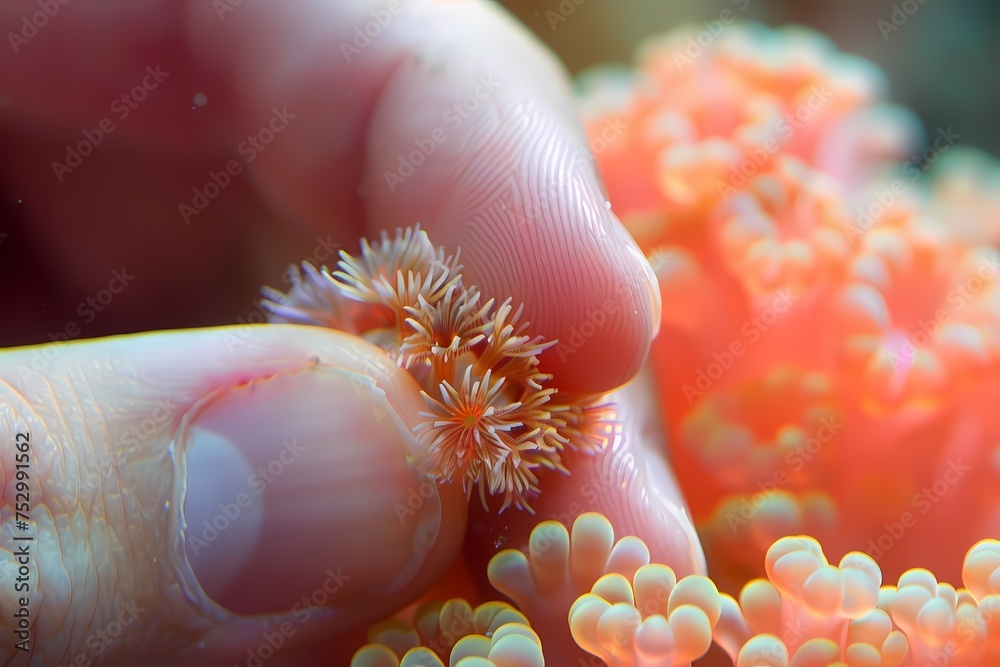 Against a background of soft coral, a tiny bundle of joy holds onto a ...
