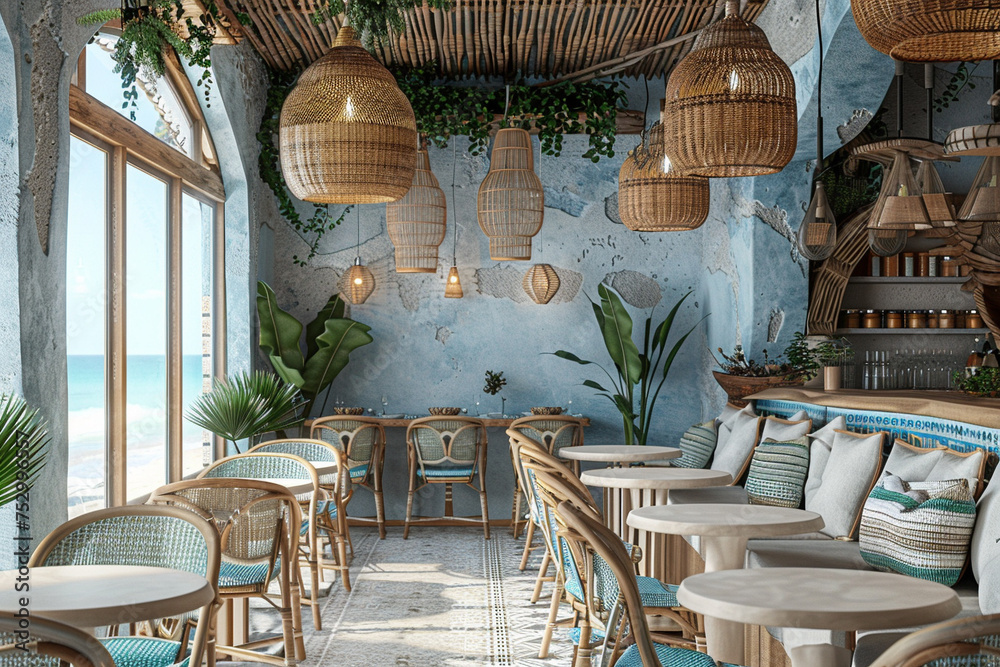 Beachside cafe interior with rattan light fixtures and ocean view Stock ...
