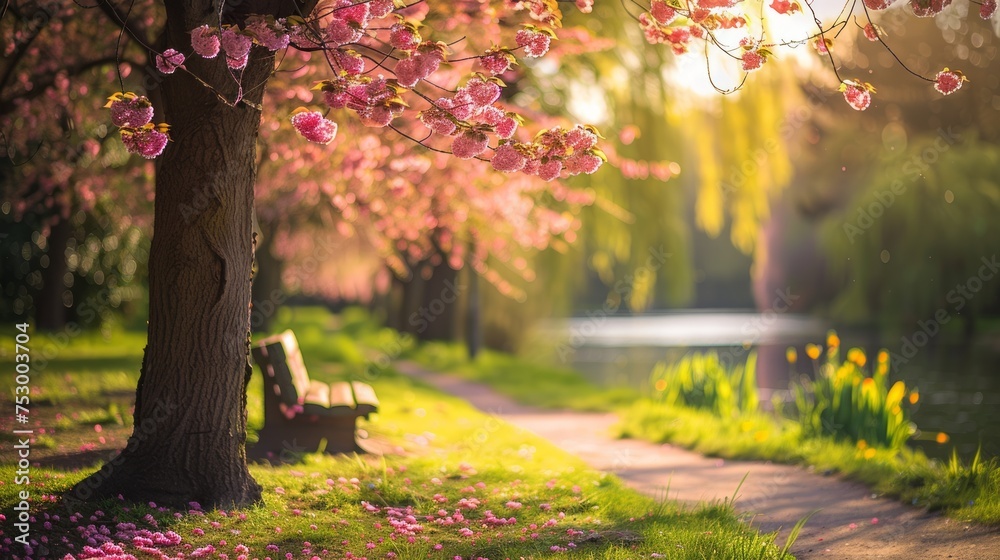 A serene park scene during springtime, featuring a blooming cherry ...