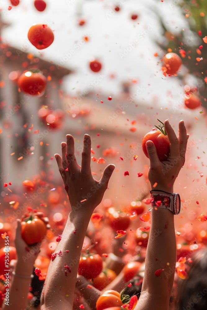 A close up of hands throwing tomatoes in the air set against a backdrop ...