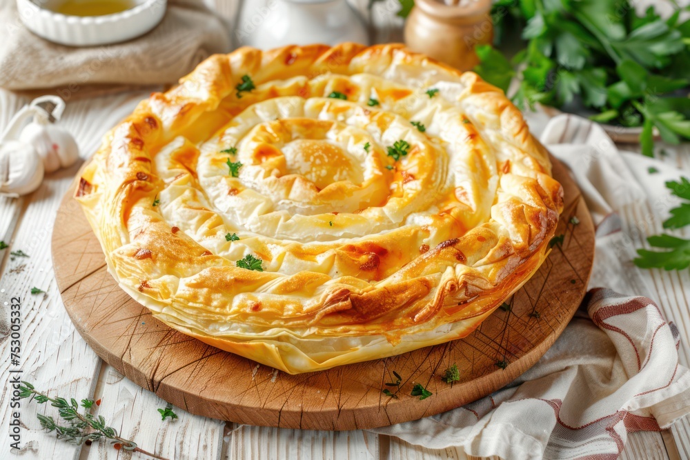 Burek made of filo dough with filling on cutting board, white wooden ...