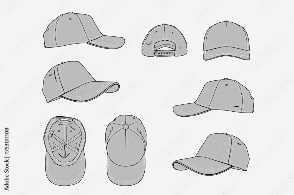 2d illustration of cap. Outline vector image set. Front, back, top ...