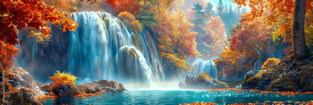 beautiful waterfall in autumn forest, banner landscape background Stock ...