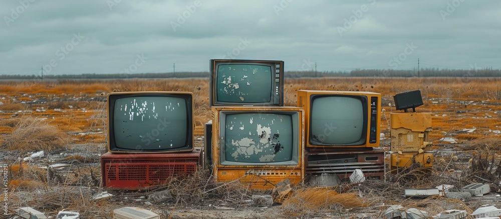 Many outdated computer monitors abandoned as a pile of garbage ...